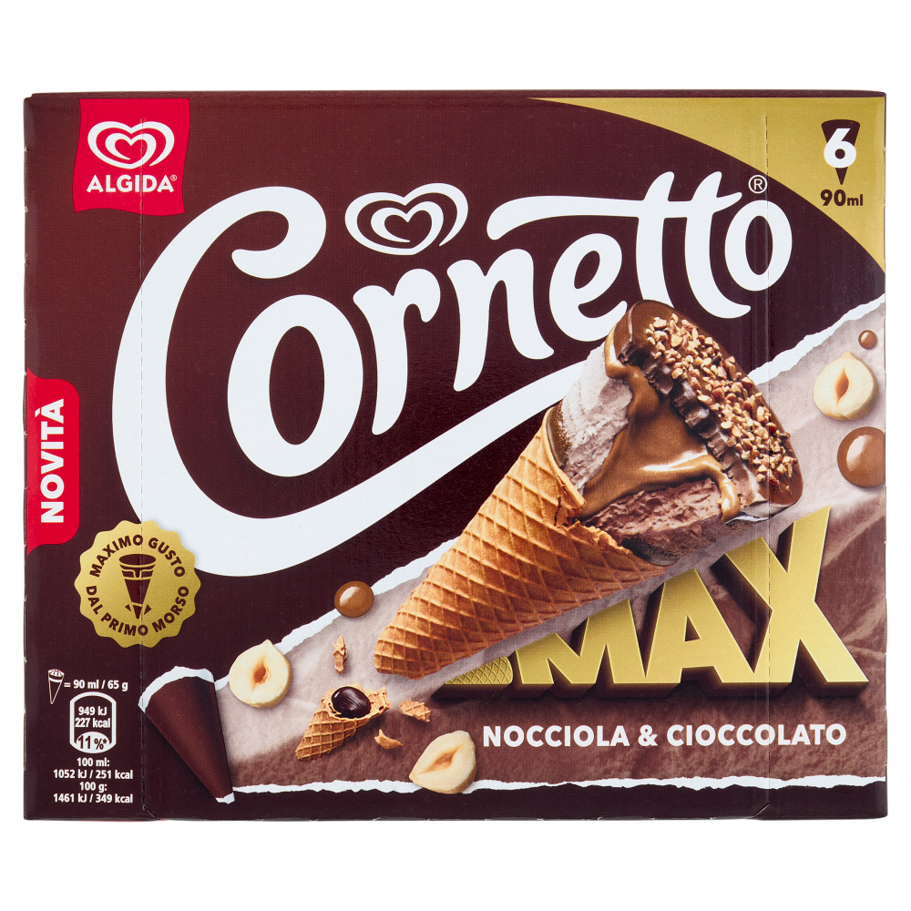 Cornetto Algida Max Nocciola & Cioccolato 6 Gelati 390 g | Carrefour