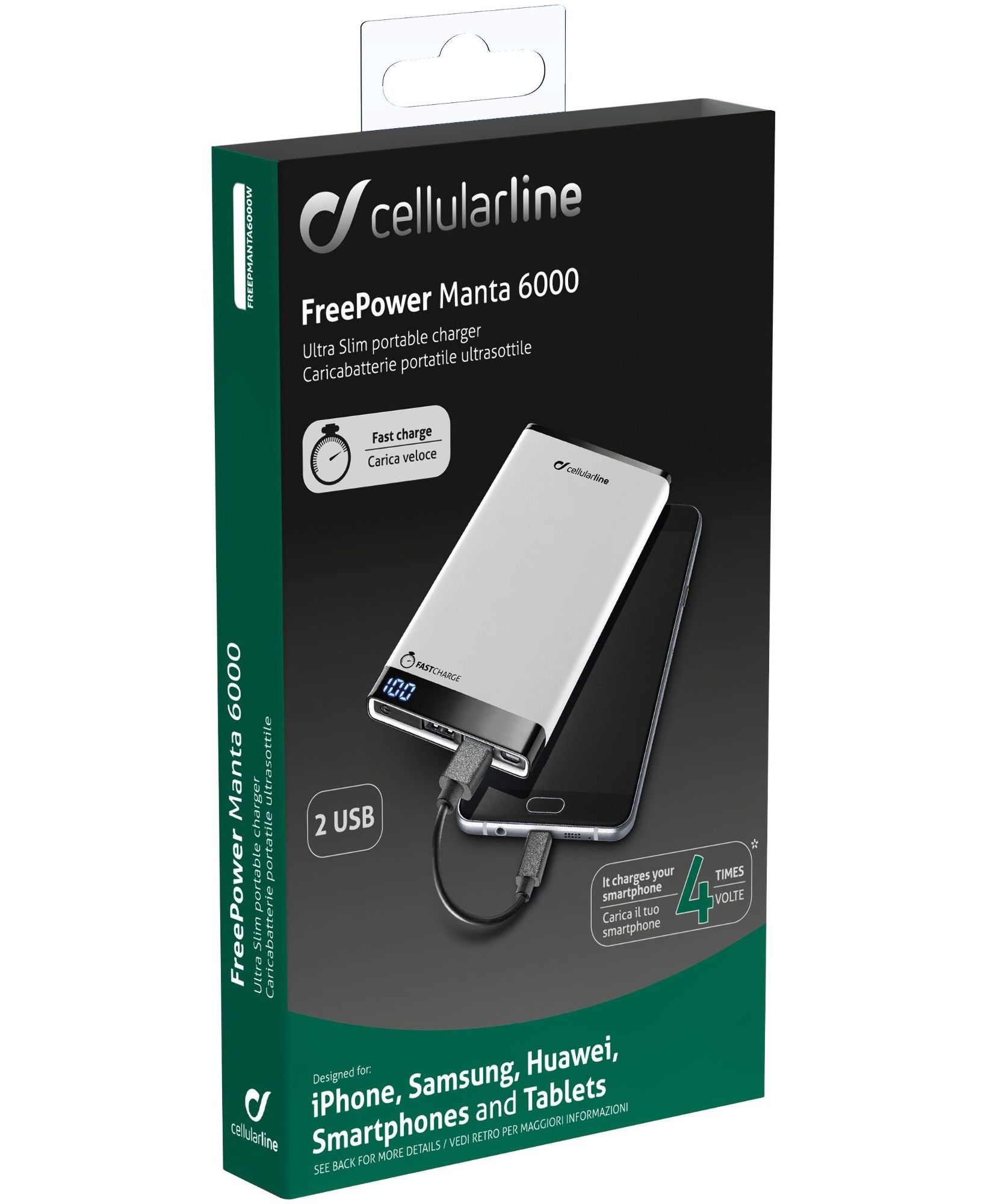 Cellularline Freepower Manta 6000 - Universale Caricabatterie portatile sottile, veloce, potente ...