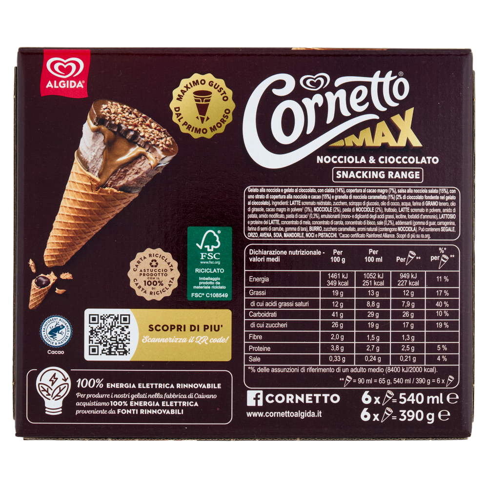 Cornetto Algida Max Nocciola & Cioccolato 6 Gelati 390 g | Carrefour