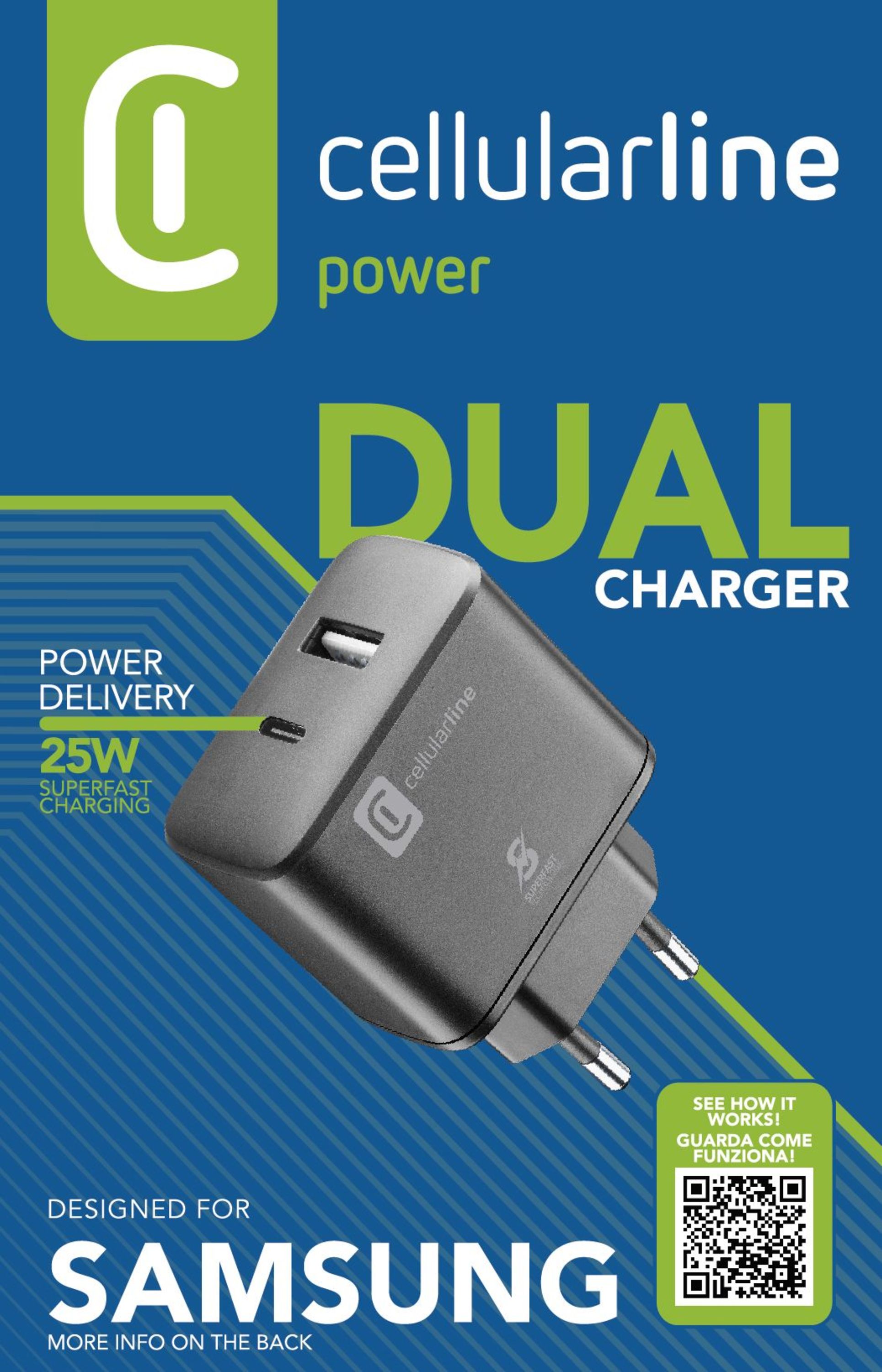 Cellularline Dual Super Fast Charger 25W - Samsung Caricabatterie da rete 2 porte USB e USB-C ...