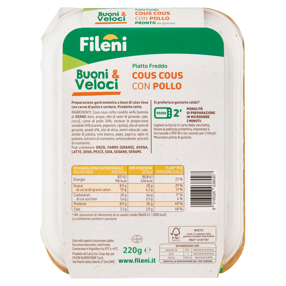 Fileni Buoni & Veloci Piatto freddo Cous Cous con Pollo 220 g | Carrefour