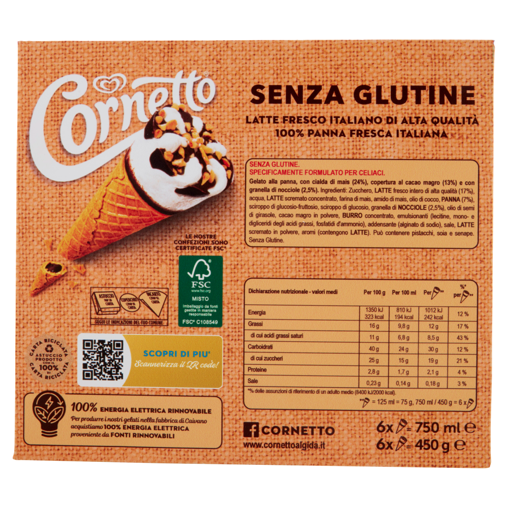 Cornetto Algida Senza Glutine 6 x 75 g | Carrefour