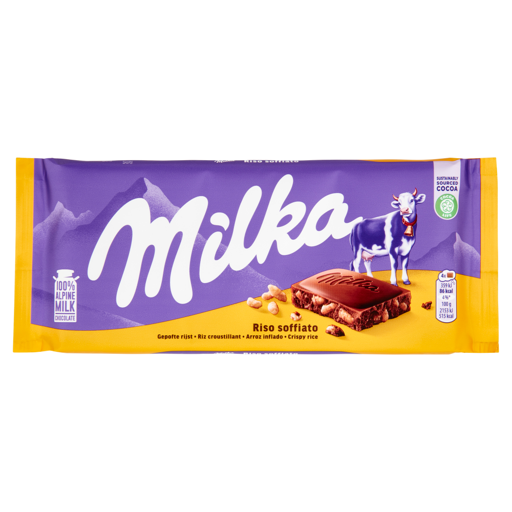 Milka tavoletta di cioccolato al latte 100% alpino con riso soffiato ...