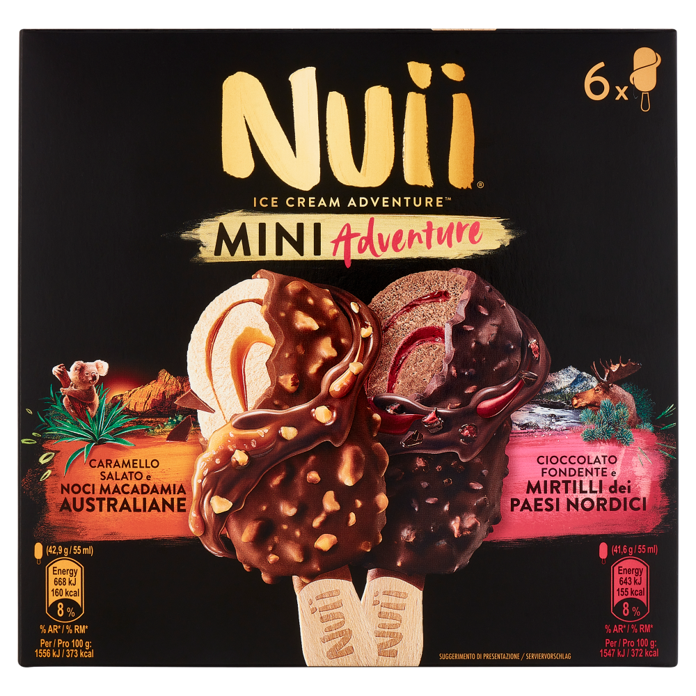 NUII Mini Adventure Caramello Salato e Noci Macadamia e Cioccolato Fondente e Mirtilli 6 Gelati ...
