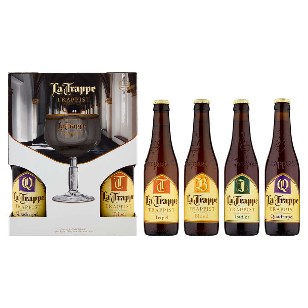La Trappe Trappist Dubbel 33 cL, Isid'or 33 cL, Tripel 33 cL, Quadrupel 33 cL + 1 Bicchiere ...