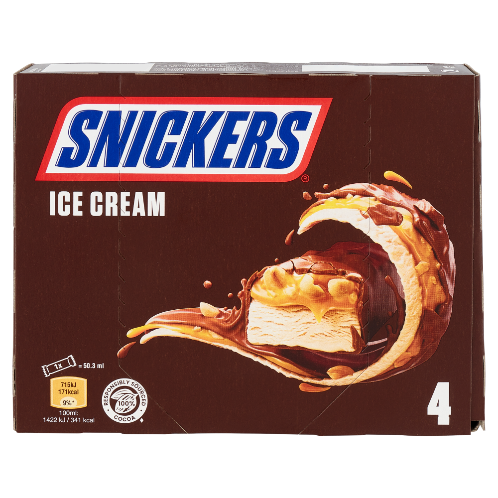 Snickers Barretta Gelato con cioccolato, caramello e arachidi tostate, Multipack da 4 x 45.6 g ...