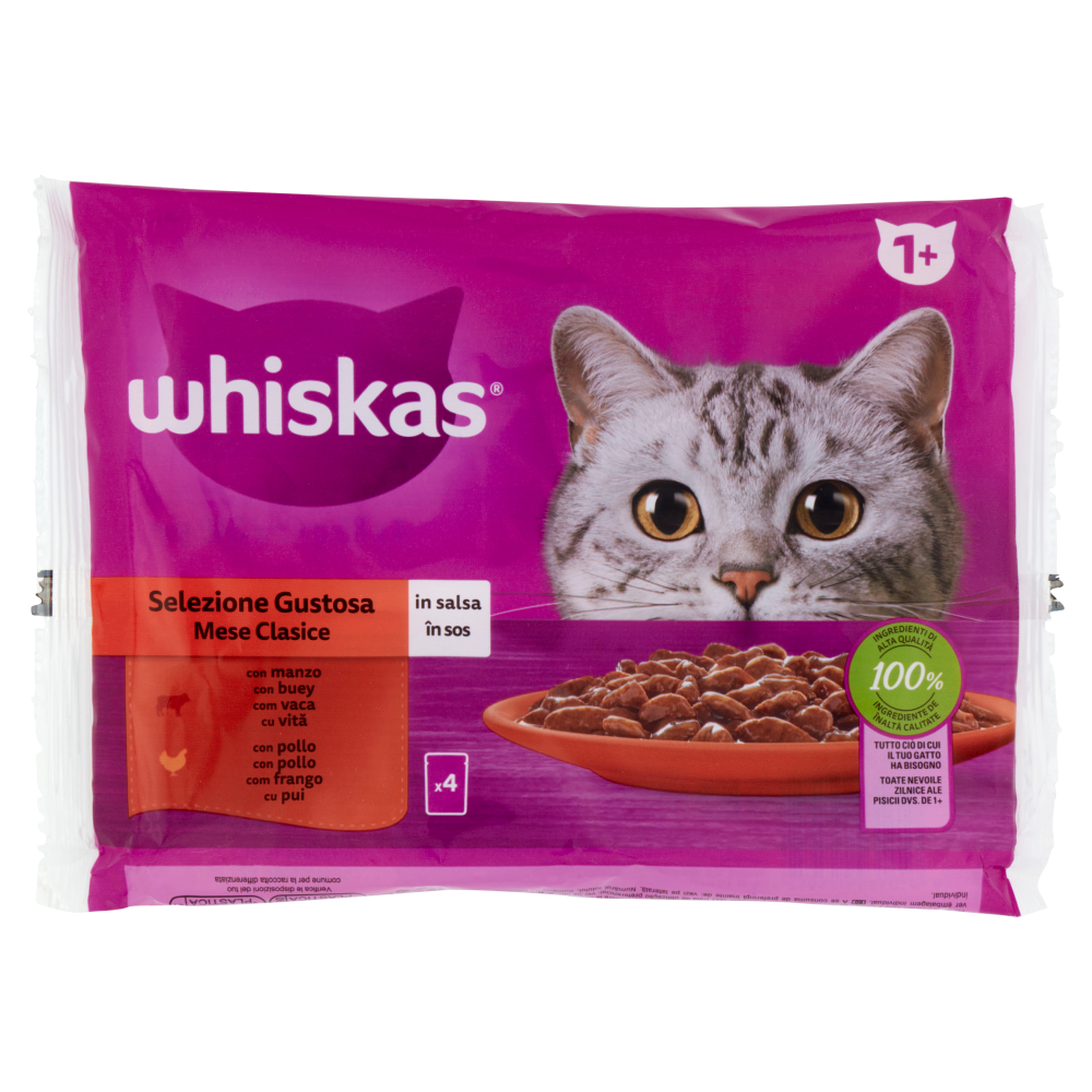Whiskas Selezione Gustosa in salsa con manzo, con pollo 4 x 85 g | Carrefour