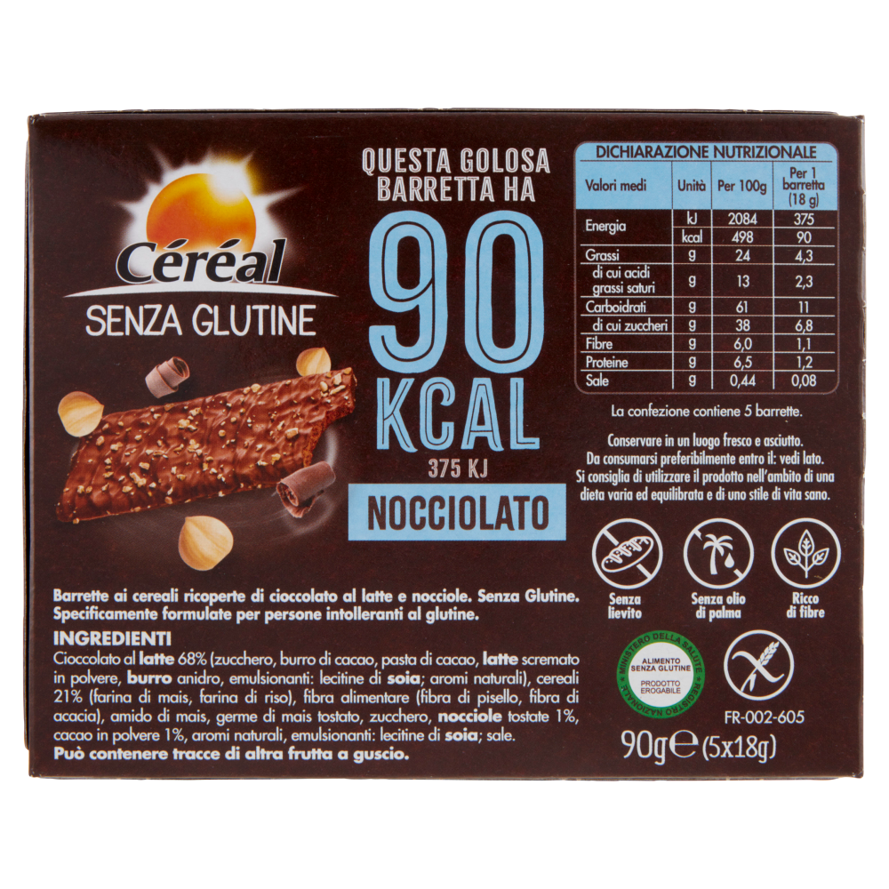 Céréal Barrette snack Nocciolato Senza Glutine, con cioccolato e nocciole tostate - 5 x 18 g ...