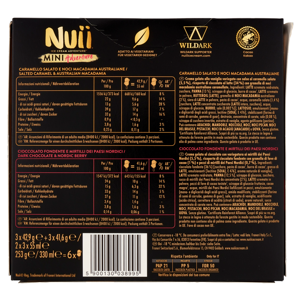 NUII Mini Adventure Caramello Salato e Noci Macadamia e Cioccolato Fondente e Mirtilli 6 Gelati ...
