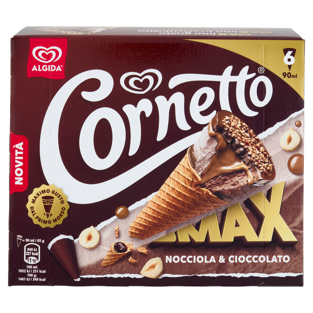 Cornetto Algida Max Nocciola & Cioccolato 6 Gelati 390 g | Carrefour