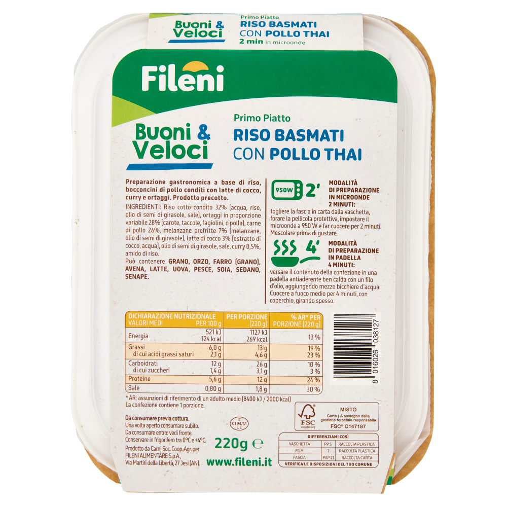 Fileni Buoni & Veloci Primo Piatto Riso Basmati con Pollo Thai 220 g ...