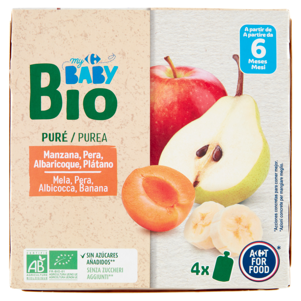 Carrefour my Baby Bio Purea Mela, Pera, Albicocca, Banana 4 x 90 g ...