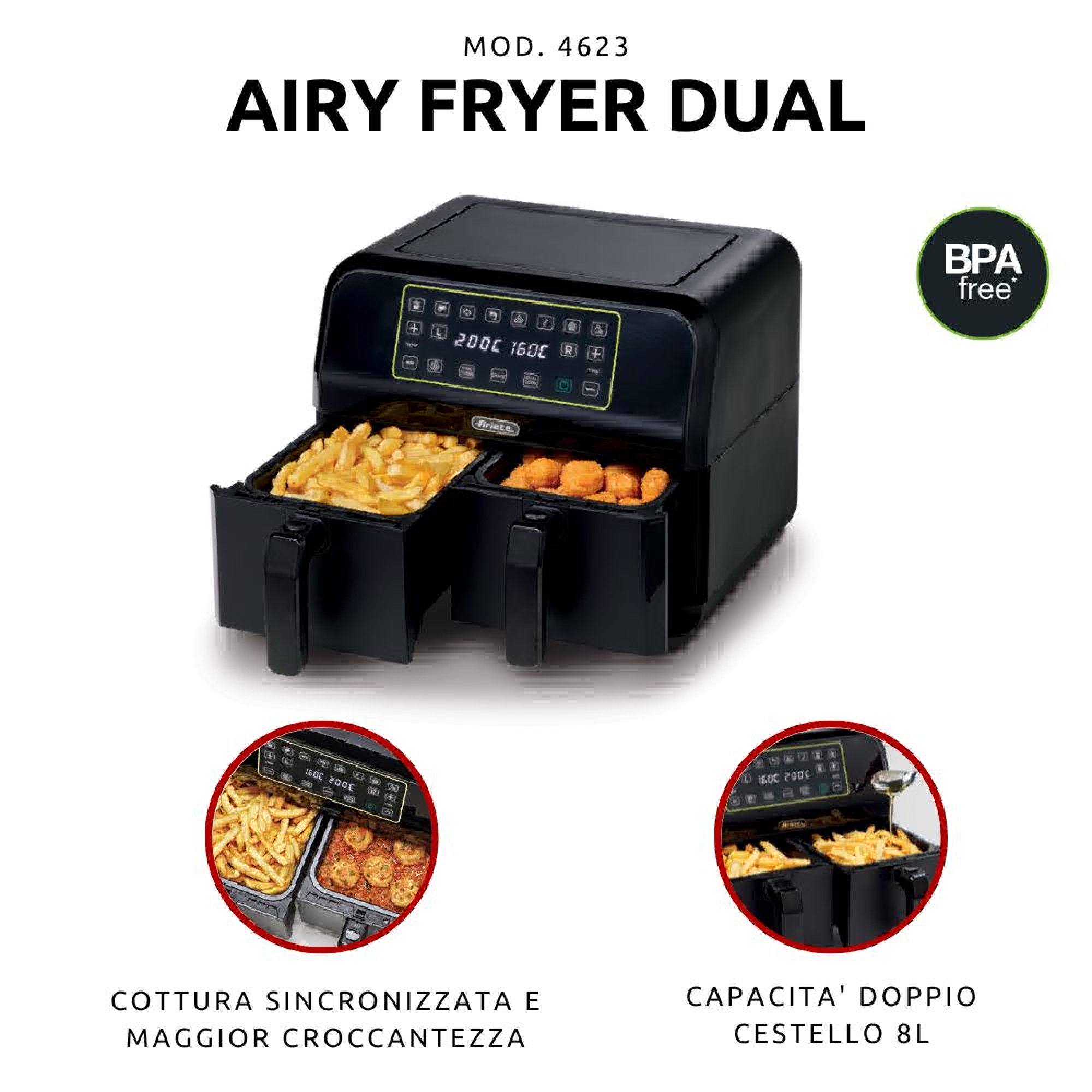 Ariete 4623 Airy Fryer Dual, Friggitrice ad aria con doppio cestello ...