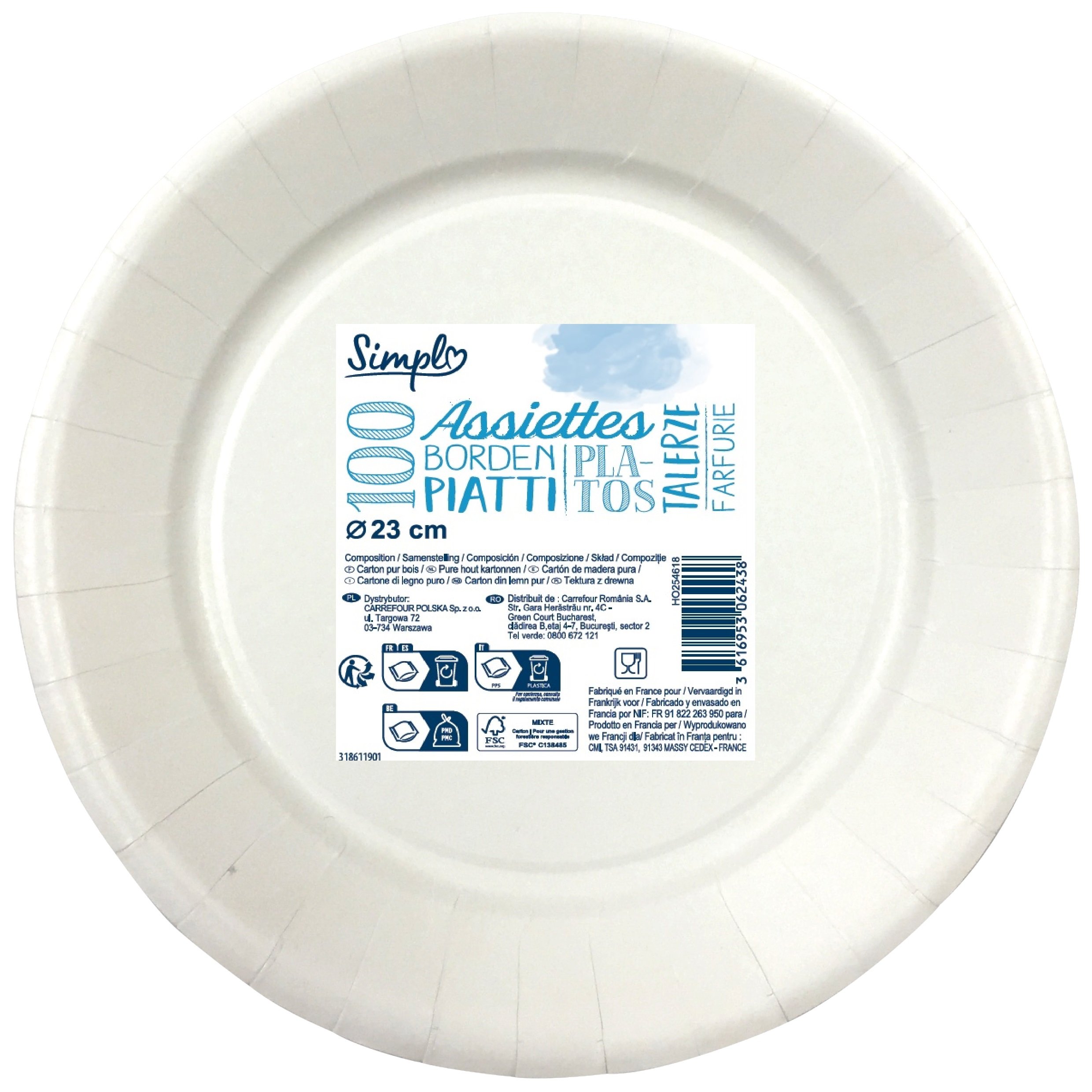 100 Piatti SIMPL in cartoncino diam 23cm Bianco FSC (190g) | Carrefour