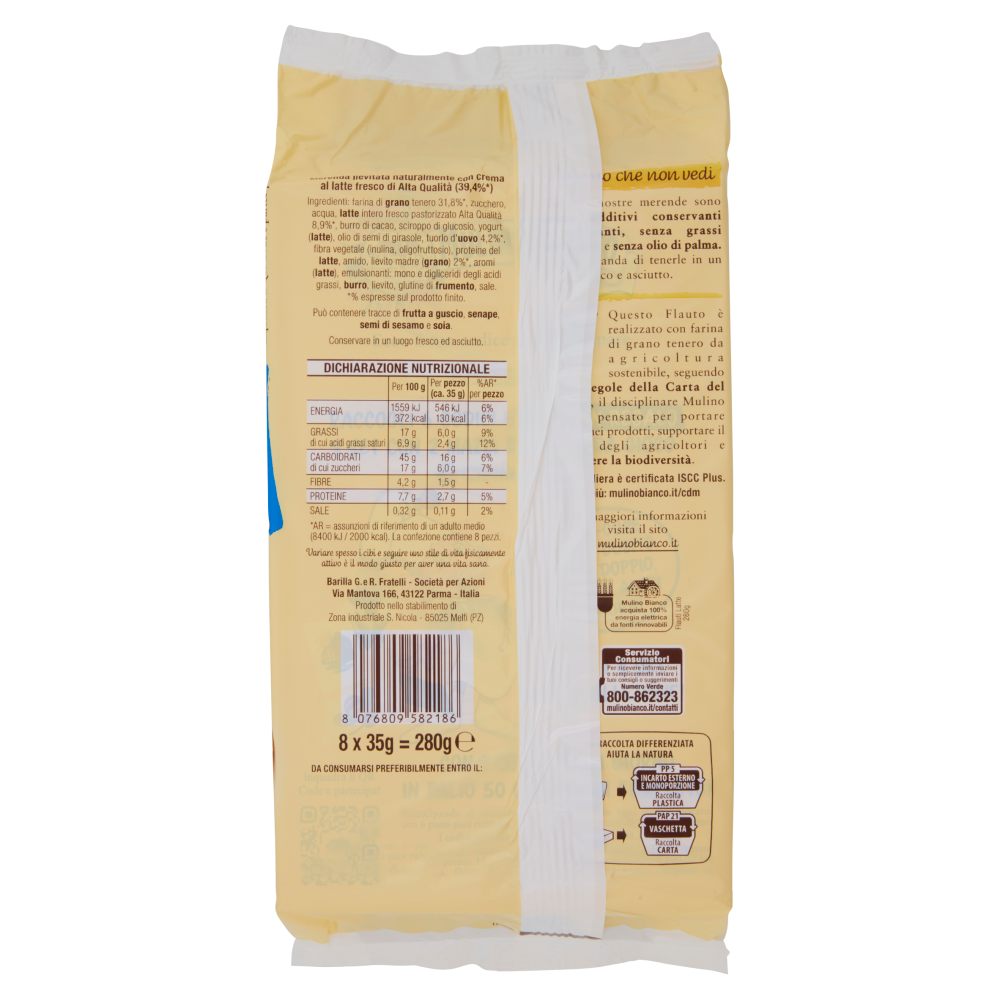 Mulino Bianco Flauti Latte Merenda con 100% Latte Fresco Italiano 8 pezzi 280g | Carrefour