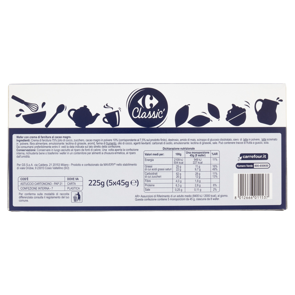 Carrefour Classic Wafer Multipack Cacao Magro 5 x 45 g | Carrefour